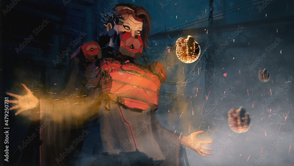 Digital 3d illustration of an armored wizard casting a spell with magic ...