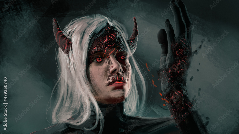 Digital 3d illustration of a succubus demon inspecting her magic hand ...