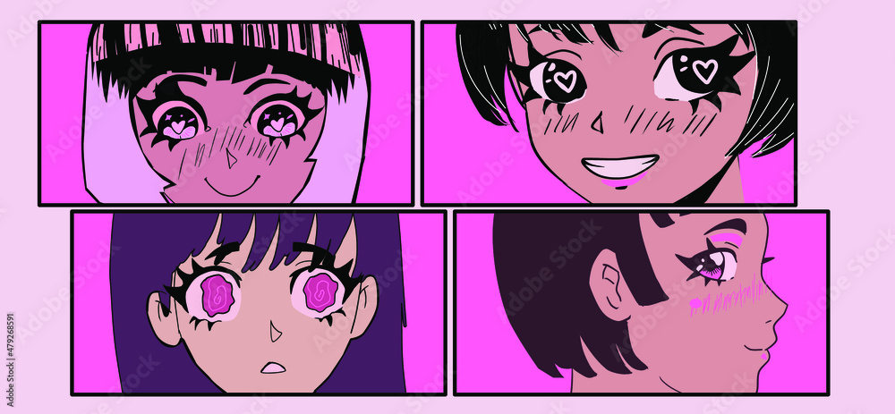 Multiple-panel sequence of a comic strip with different anime female ...