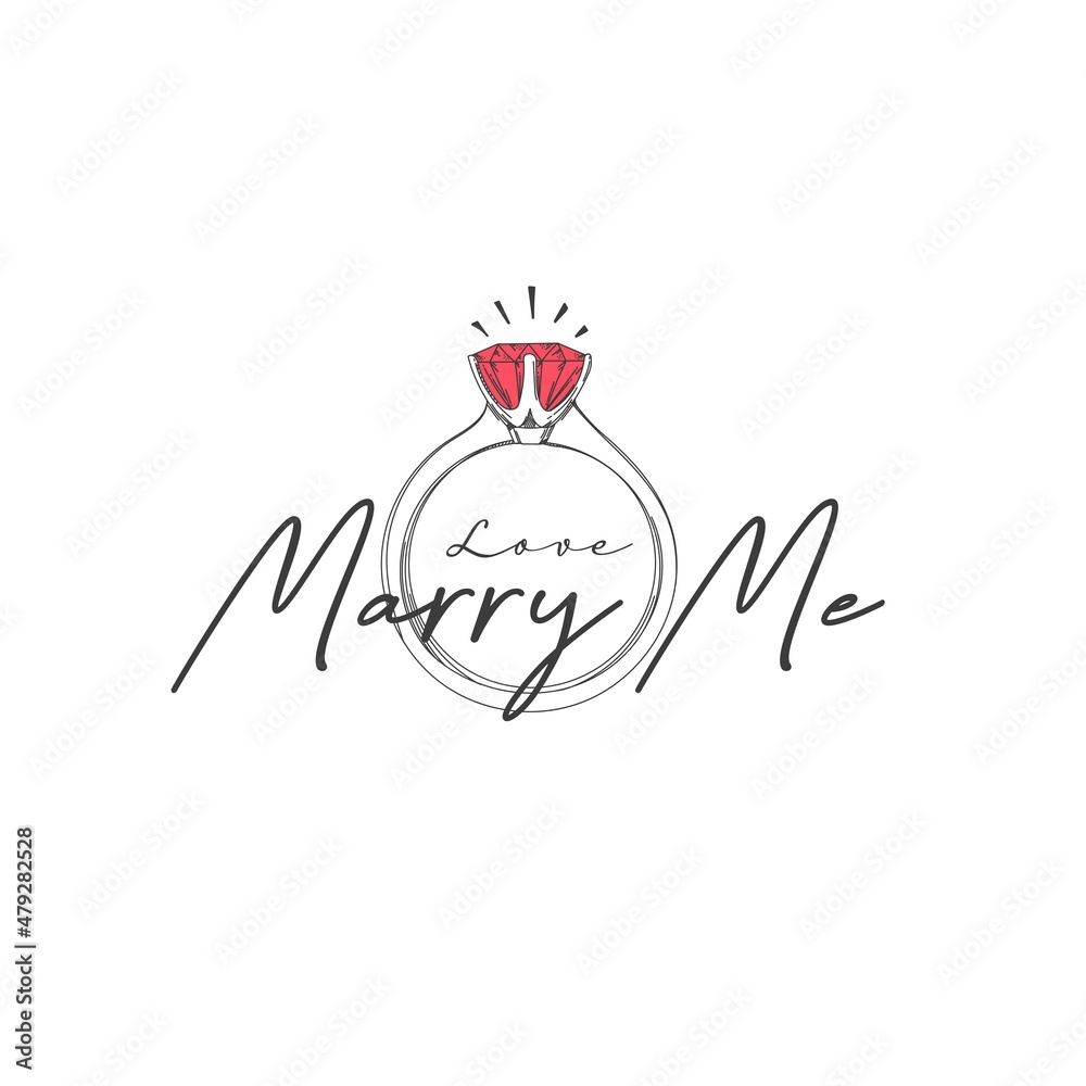 Wedding ring vector draw with diamond in doodle style isolated on white ...