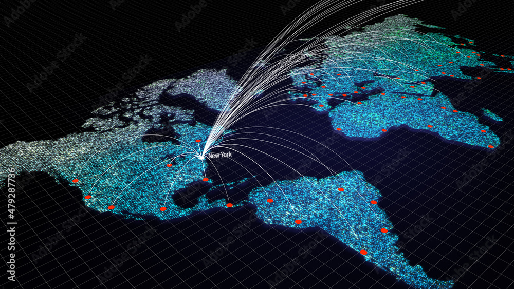 Global connectivity from New York, USA to other major cities around the ...