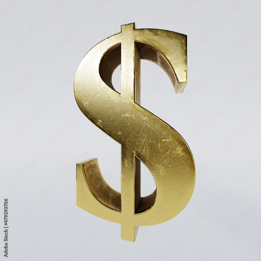 Gold Dollar Sign On White Background. 3D Render of a Golden Color Metal ...