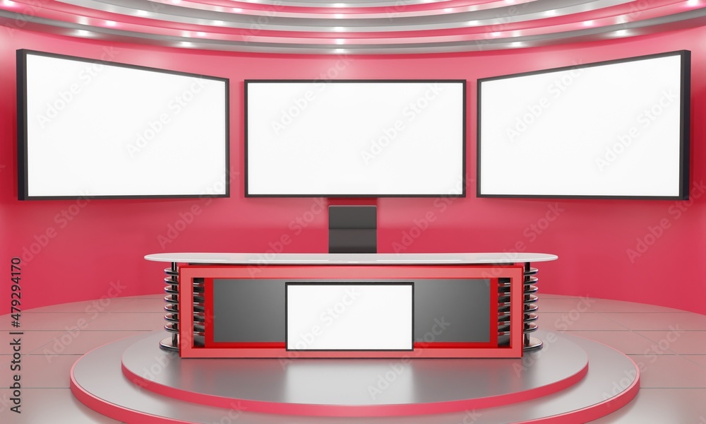 red table on stand with led screen background in a news studio room.3d ...