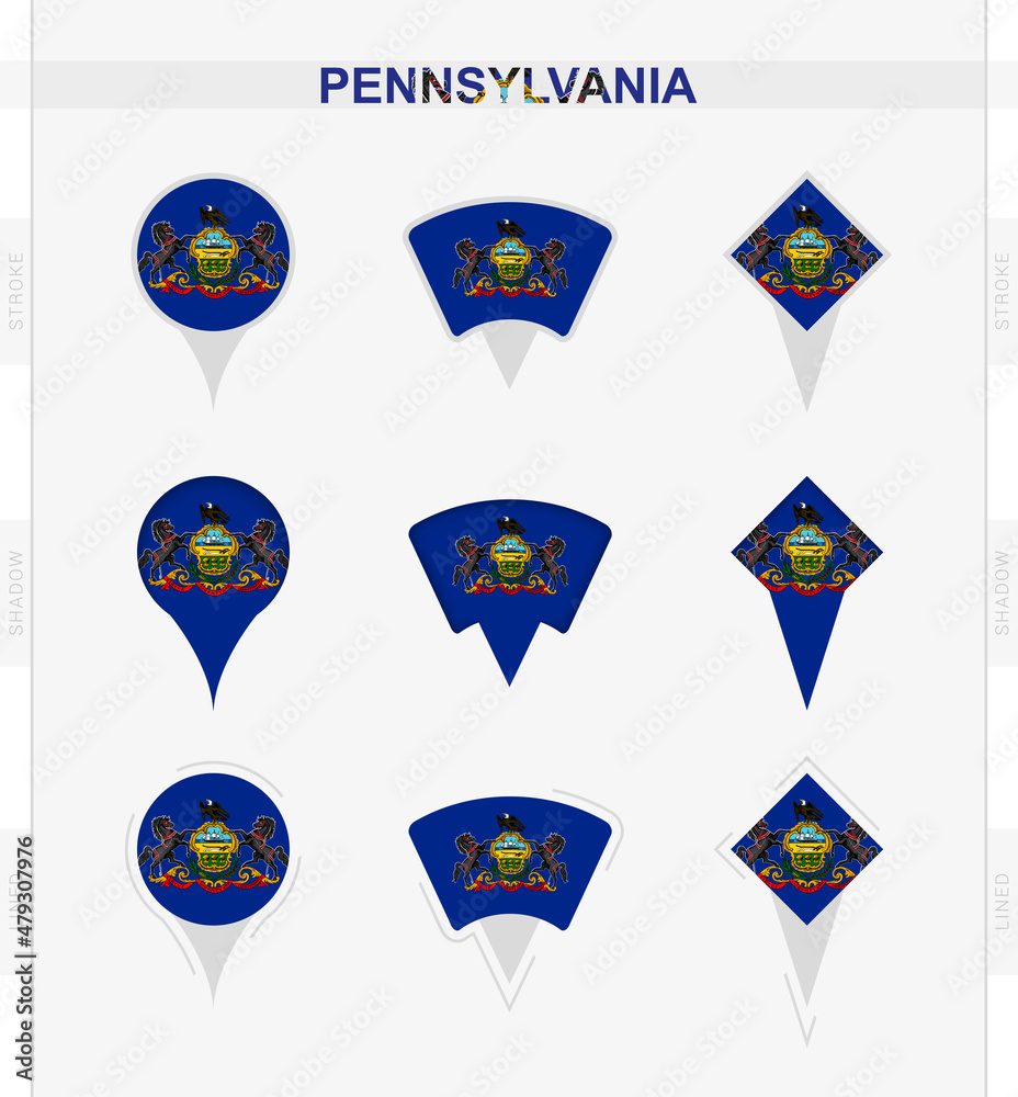Pennsylvania flag, set of location pin icons of Pennsylvania flag ...