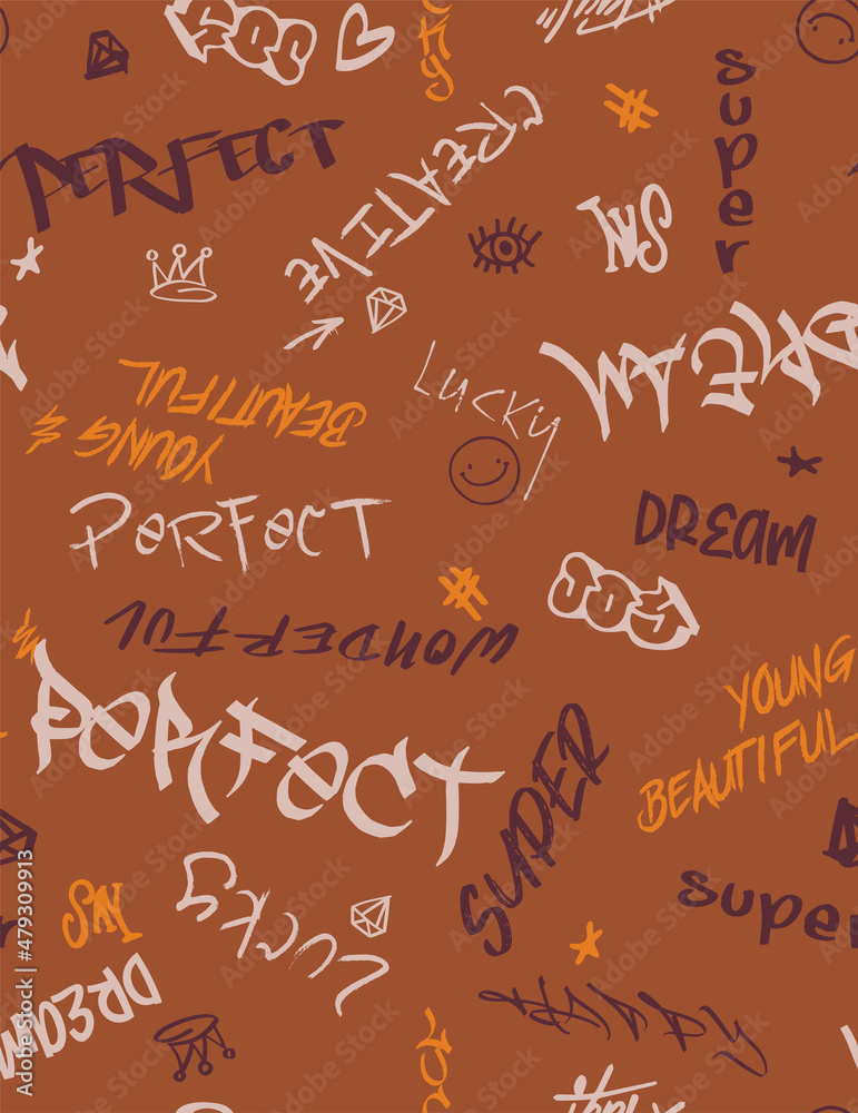 Vector graffiti seamless pattern with abstract tags, letters without ...