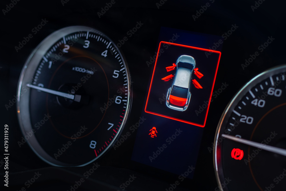 Screen display of car status warning light on dashboard panel symbols ...