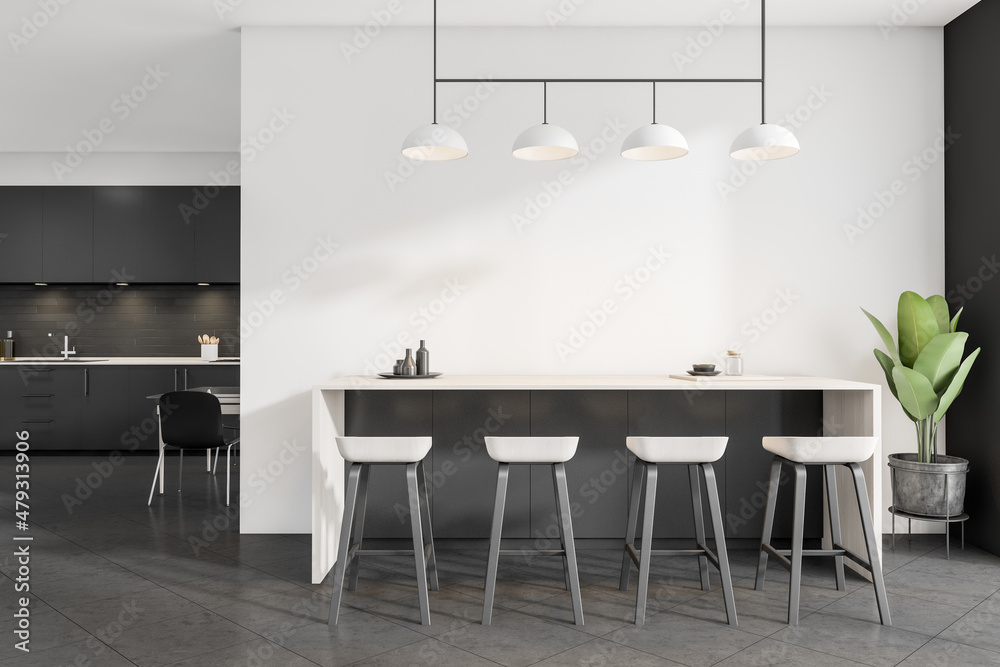 Dark kitchen room interior with four barstools, bar counter Stock ...