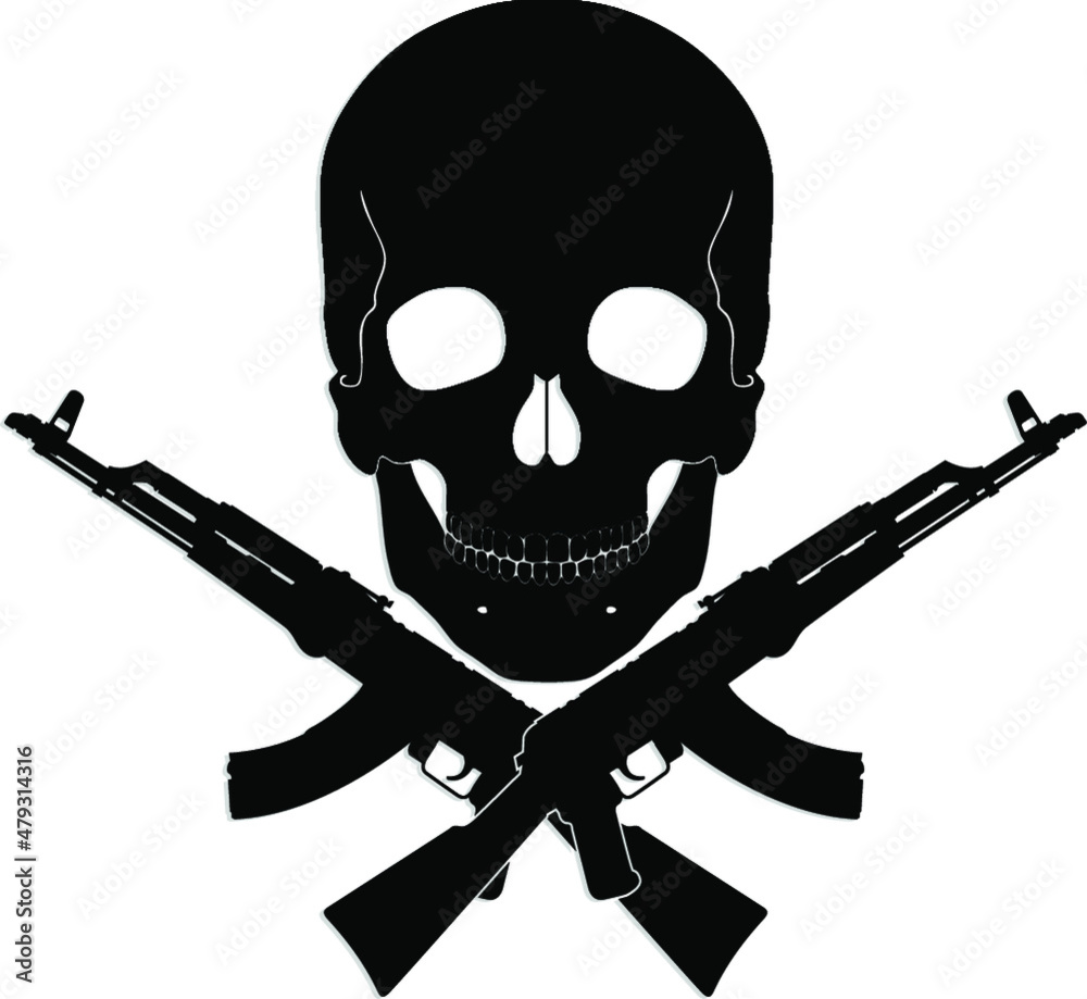 skull with crossed AK47guns/ black white vector illustration Stock ...