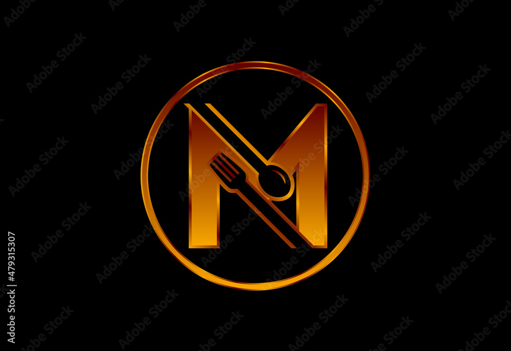Initial M monogram alphabet with a fork, spoon. Font emblem. Modern ...