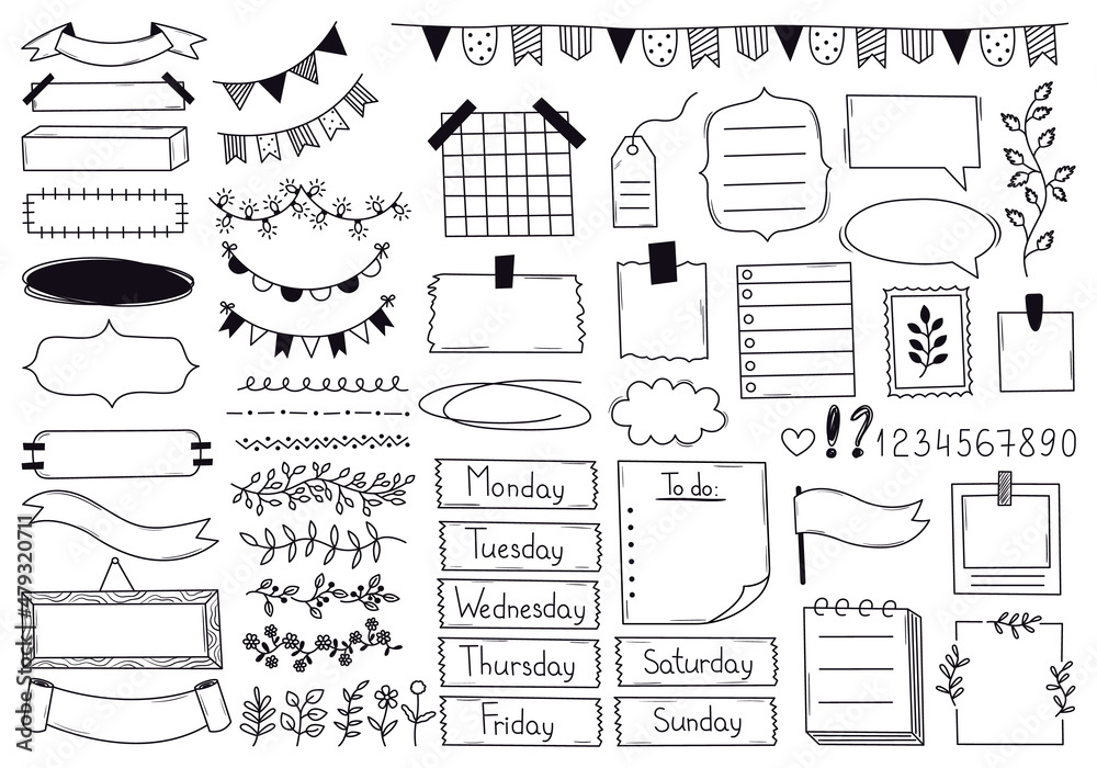 Hand drawn bullet journal elements for notebook, diary, sketchbook. Set ...