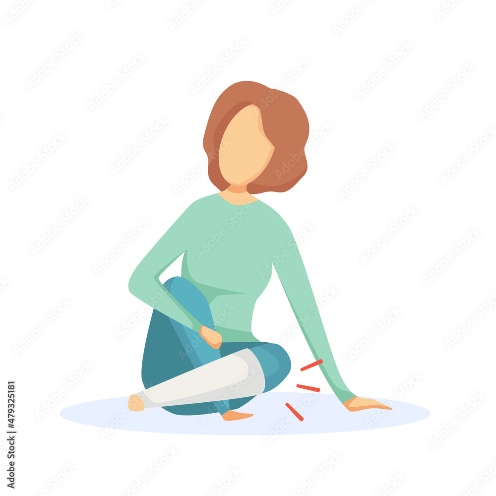 The girl has a leg in a cast. Fracture. Vector cartoon illustration ...