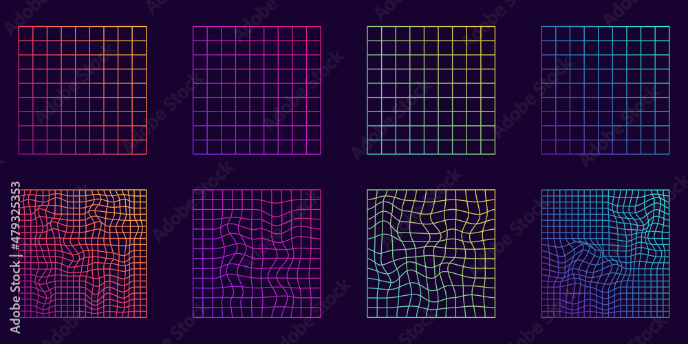 Distorted Grid Square Neon Pattern. Warp Futuristic Geometric Square ...