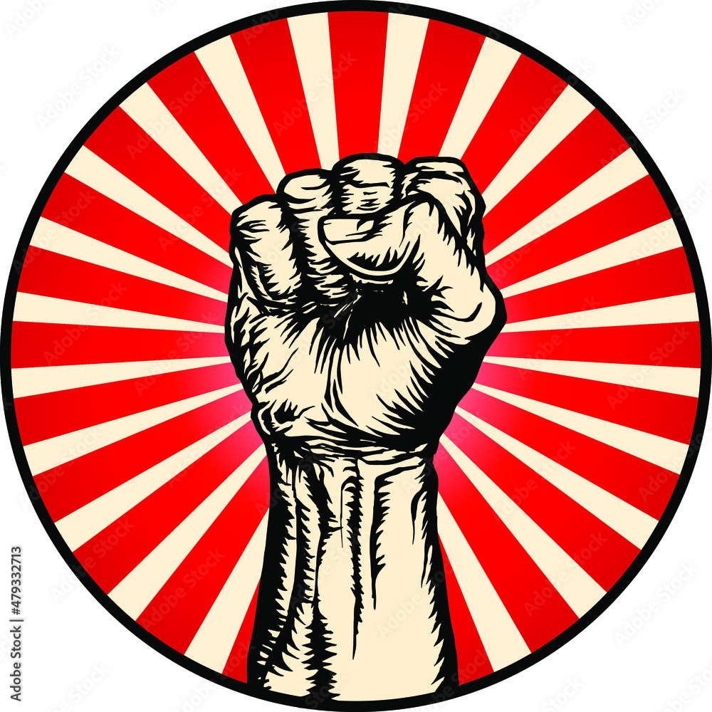 Poster Vector illustration of strong raised fist in a ray red circle ...