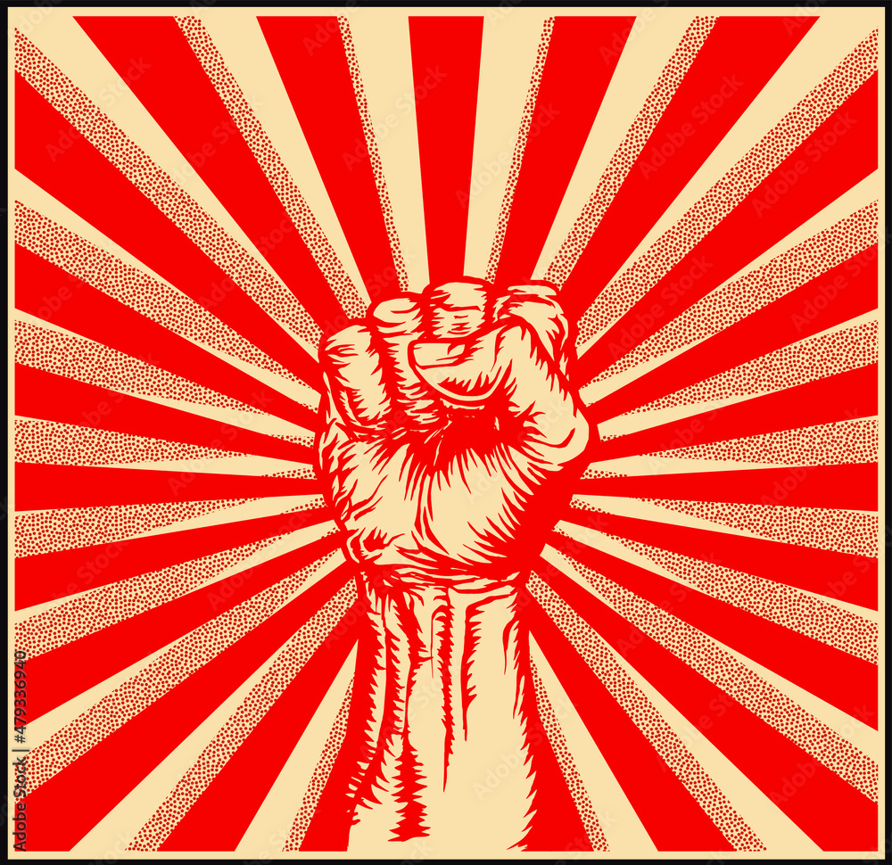 Vector illustration of strong raised fist in a rays red background in ...