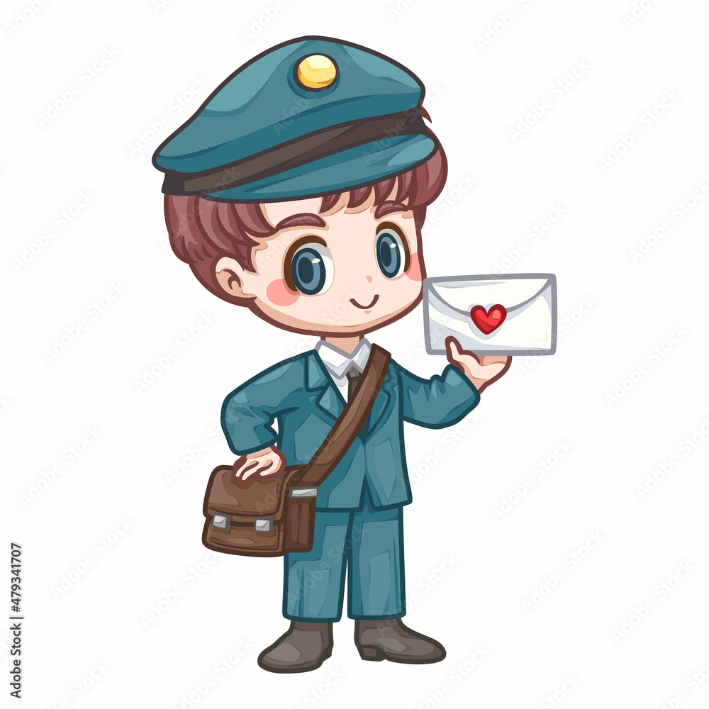 Cute cartoon illustration of a postman holding a love letter, Cartoon ...