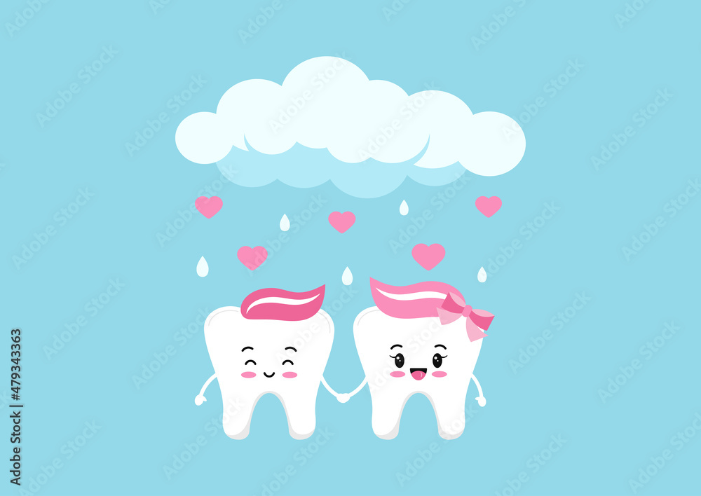 Tooth couple in love and cloud with heart rain. Happy Valentines Day ...