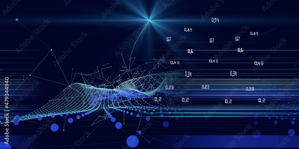 Abstract technology background with polygonal noisy grid and data on blue. Analytics data ...