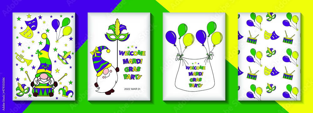Mardi Gras party posters set with gnomes and decorative elements for ...