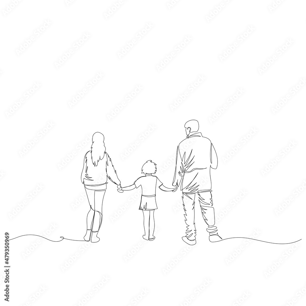 family. vector contour image of parents with a child. one line ...