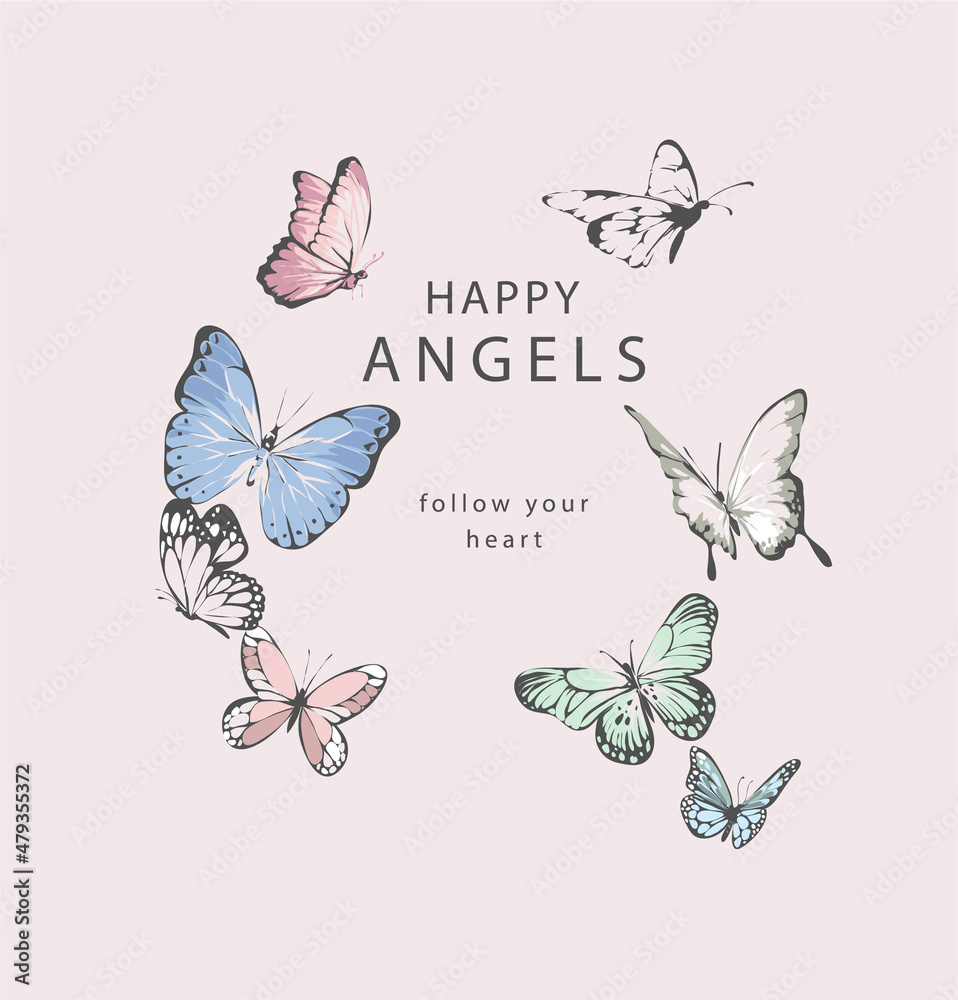 happy angels slogan with colorful butterflies vector illustration Stock ...