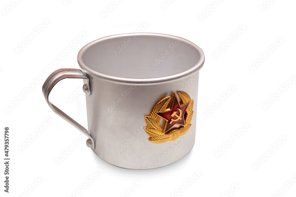 Old aluminum retro cup with the symbols of the Soviet army isolated on ...