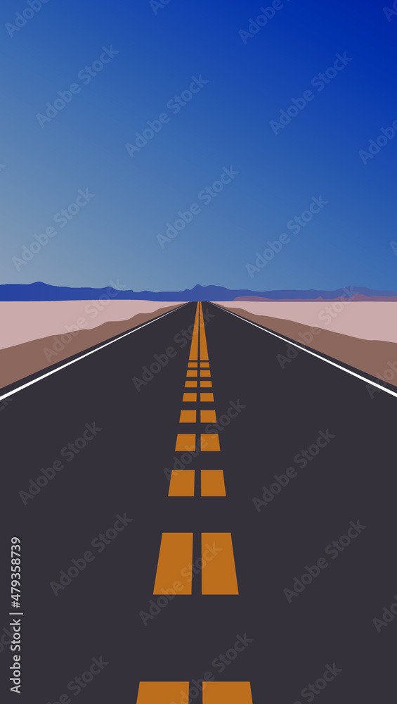 Vector flat image of a concrete road in the desert, among the meadows ...