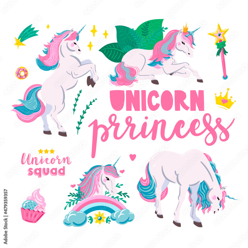 Unicorn sticker set. Vector unicorn illustration. Unicorn art for girls ...