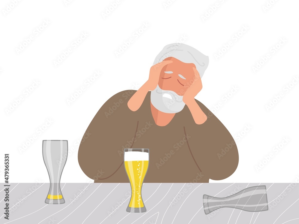 Alcohol intoxication. Mature elderly man sitting at table, on table are ...