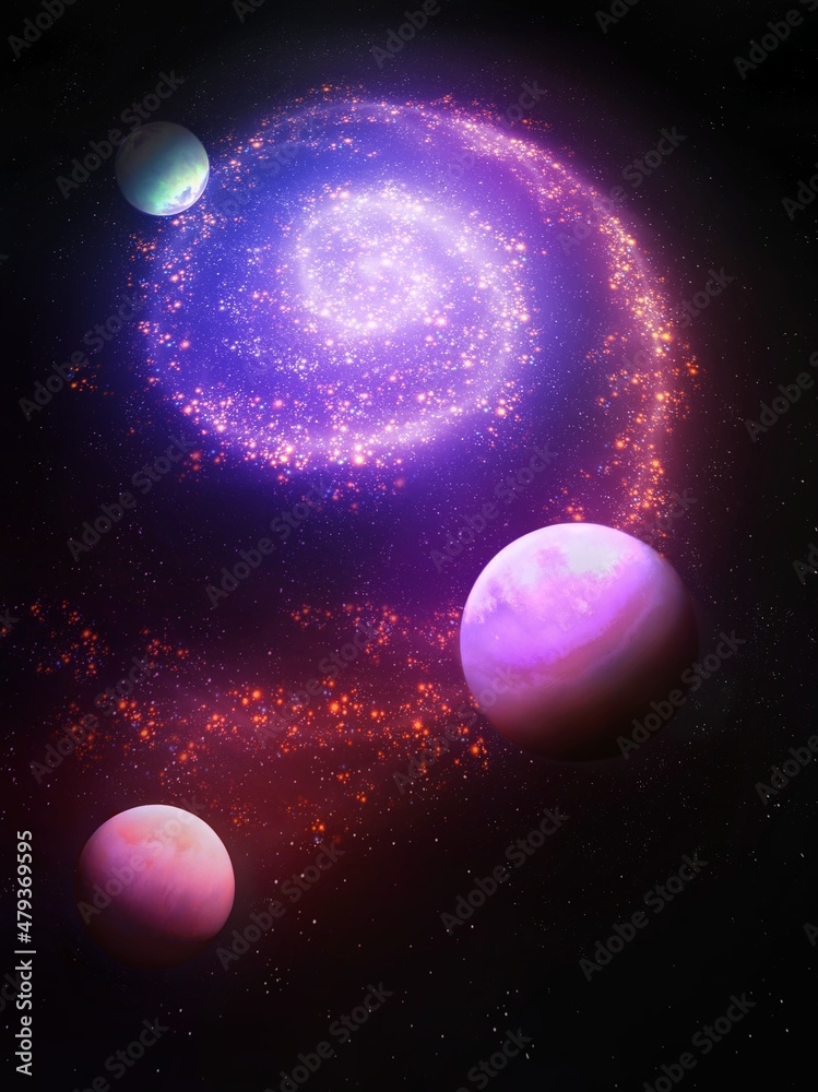 Planets in orbits around the center of the galaxy. Gravity of the ...