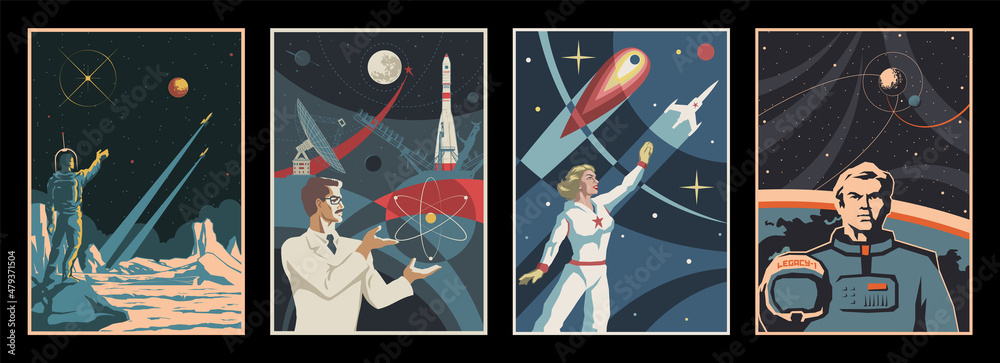 Space Propaganda Poster Set, Retro Science and Space Illustrations ...
