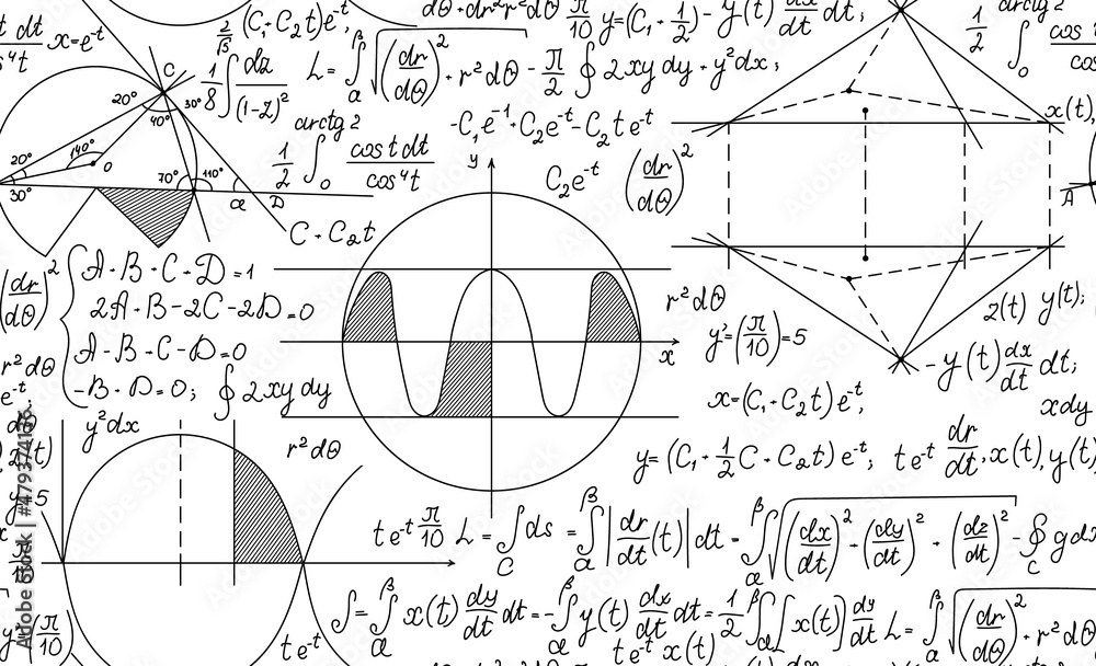 Mathematical vector seamless background with algebra formulas, plots ...