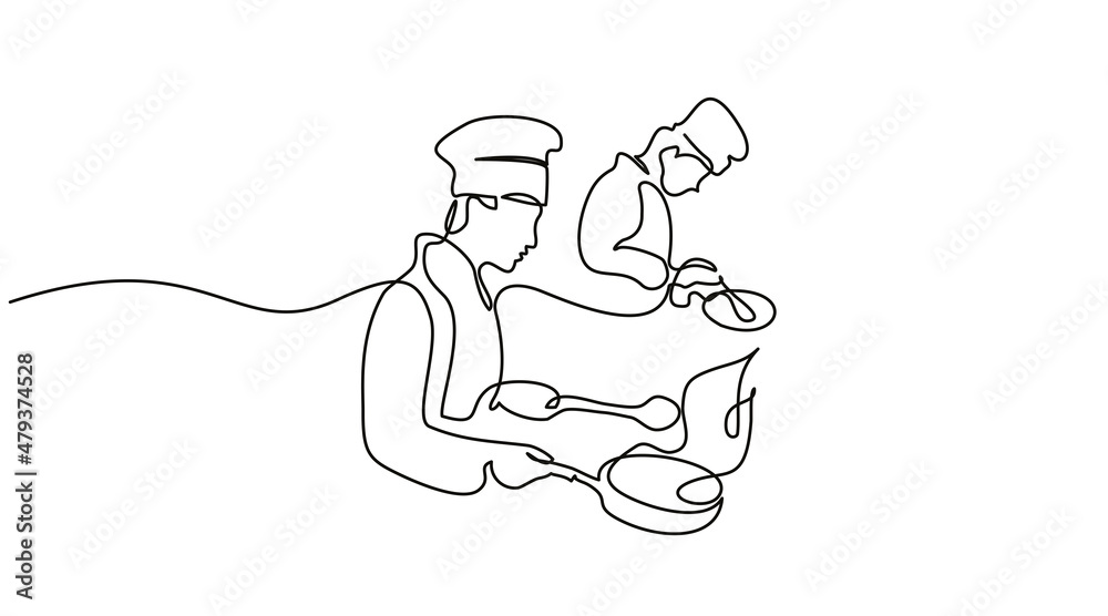 Chef cooking big meal. Continuous one line drawing. Stock Vector ...
