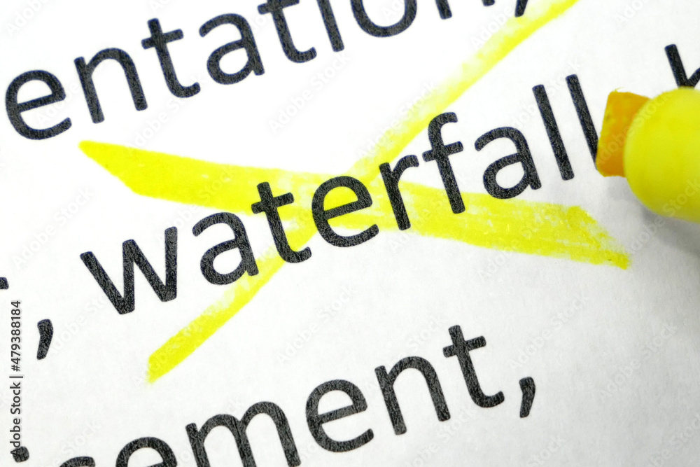 Word waterfall cross out among other words printed on white paper ... Word waterfall cross out among other words printed on white paper ...