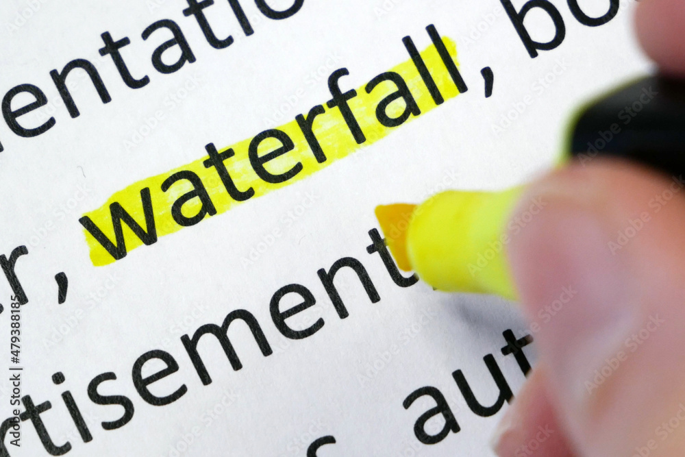 Word waterfall undelnines among other words printed on white paper ...