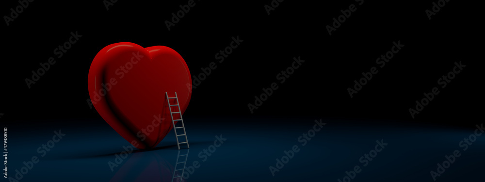 Ladder leading to a heart, symbol of love and stair over dark blue ...