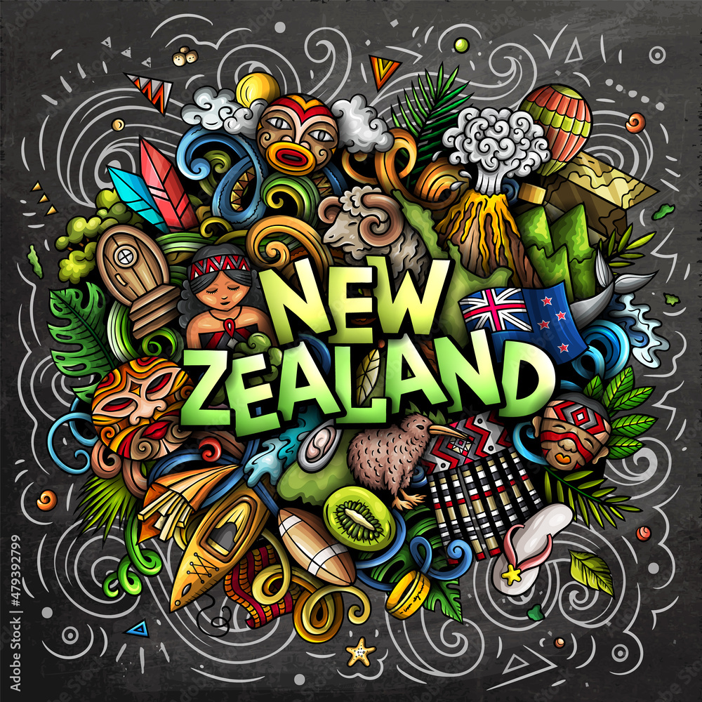 New Zealand hand drawn cartoon doodle illustration. Funny local design ...