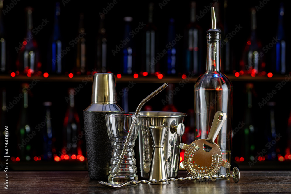 Bar accessories setup on the bar counter in a restaurant, nightclub ...
