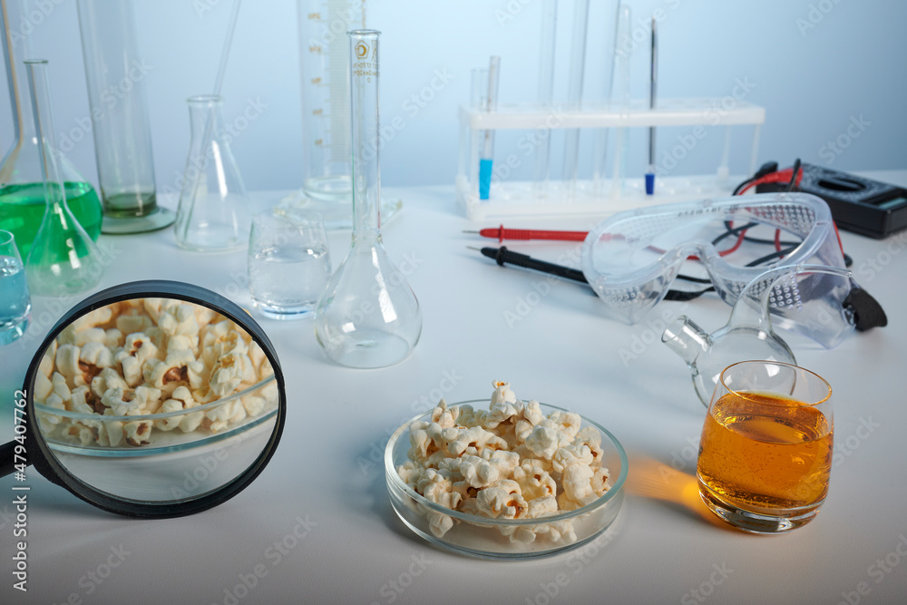 Magnifier shows pop corn grains in a lab petri dish. Food quality and ...