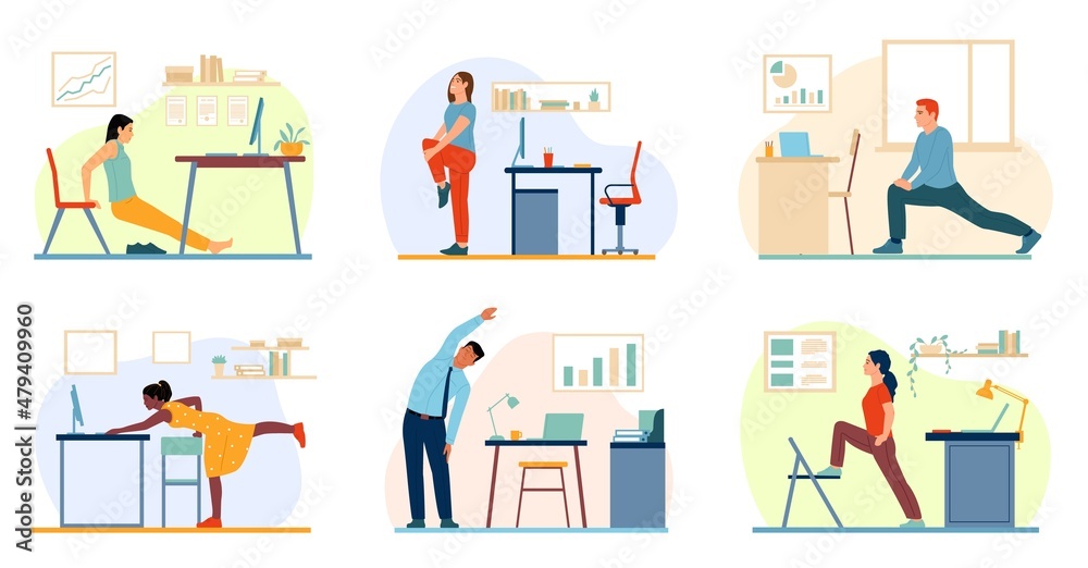 Office exercise. Sport on workplace. Workers do warm up. Employee ...