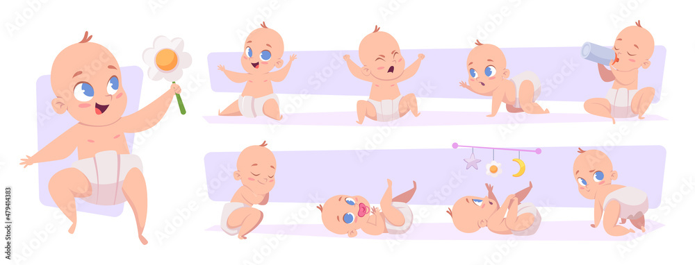 Newborn characters. Little funny baby bathing and playing with toys ...