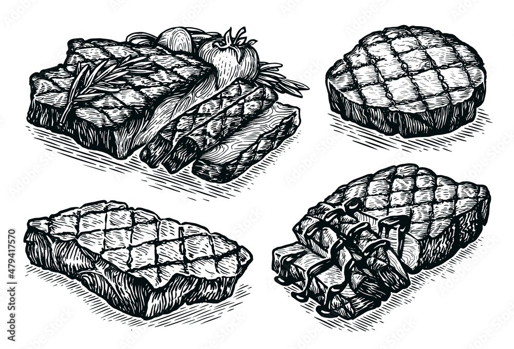 Hand drawn sketch meat set. Steak, Barbecue vector illustration Stock ...