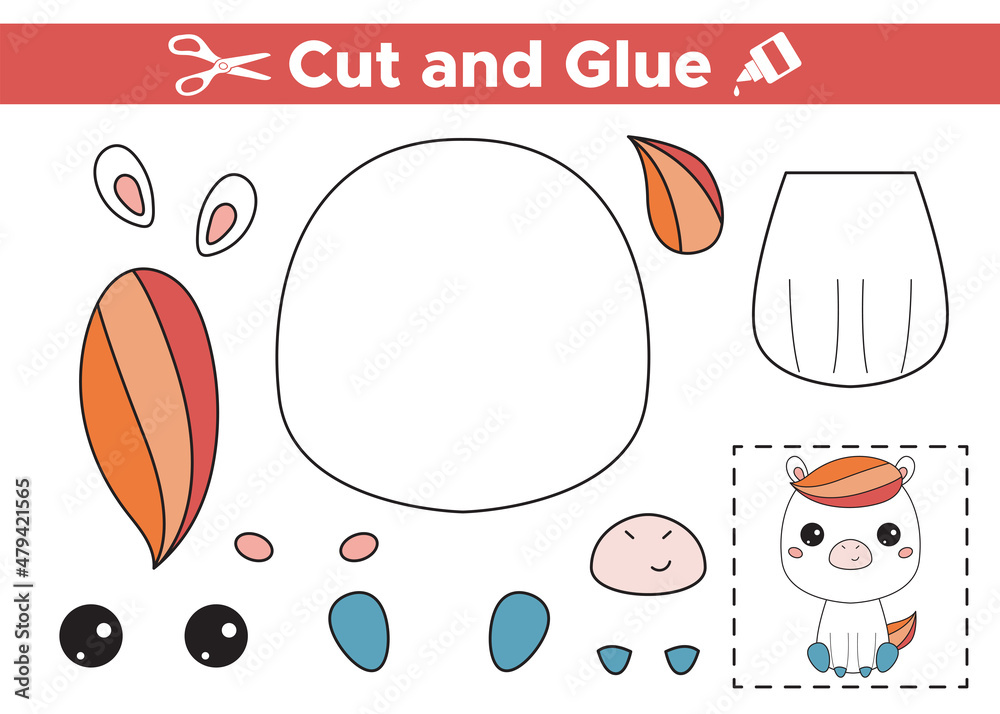 Cut and glue cute pony. Educational paper game for kids. Printable ...