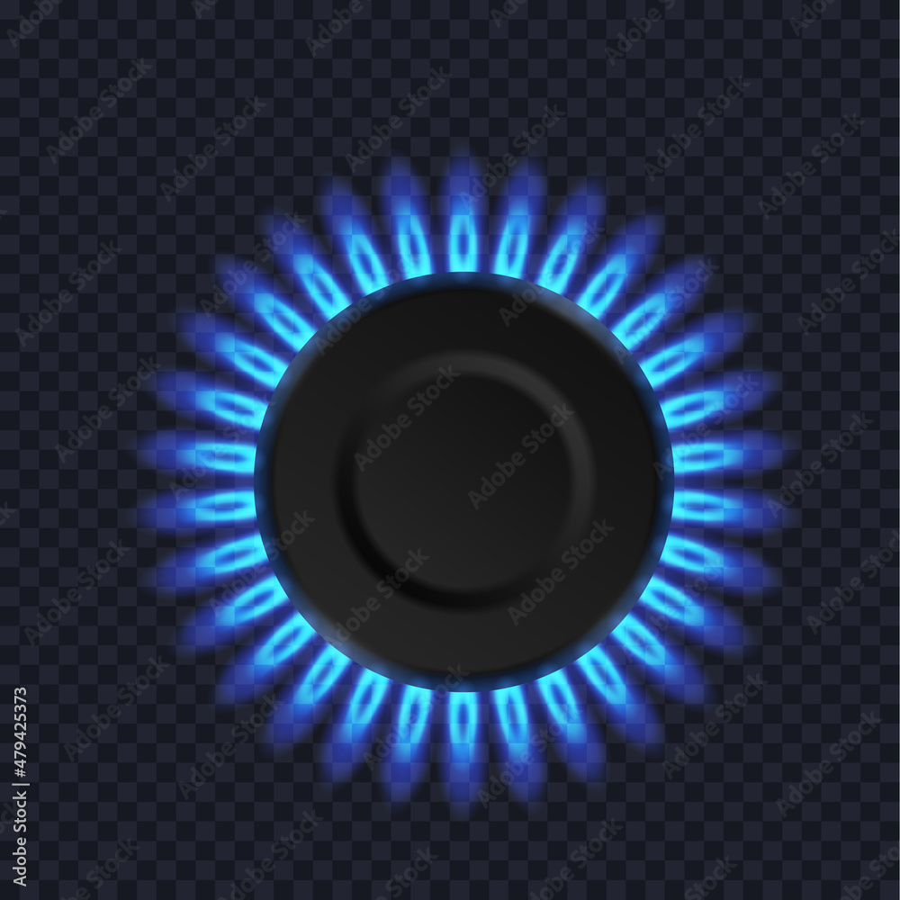Modern gas burner with blue flame realistic. Top view kitchen gas ...