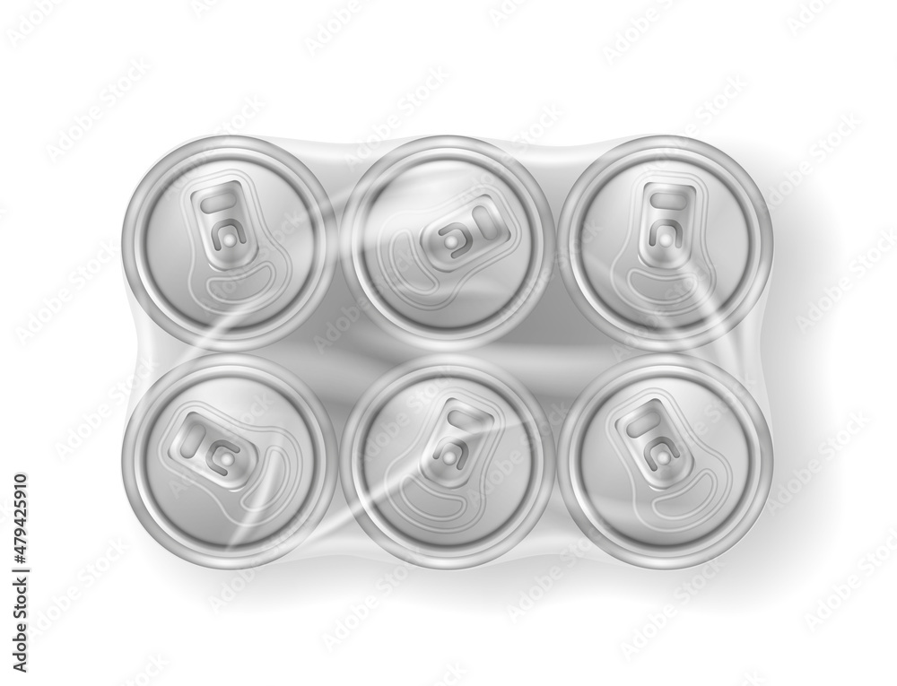 Realistic beer pack tin cans in plastic wrap, six soda metal jars ...