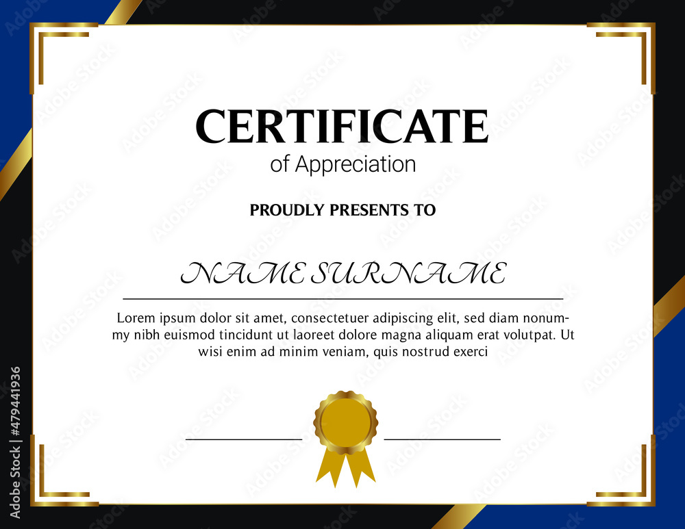 Certificate of appreciation template, gold and blue color. Clean modern ...