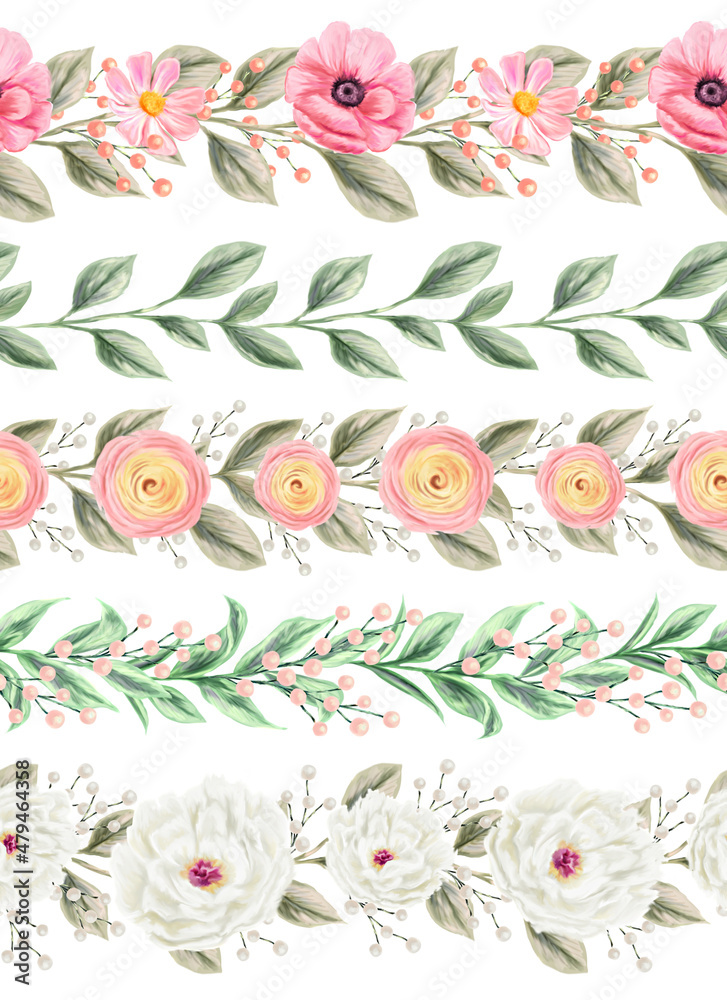Spring flowers seamless borders set. Collection of isolated clip art ...