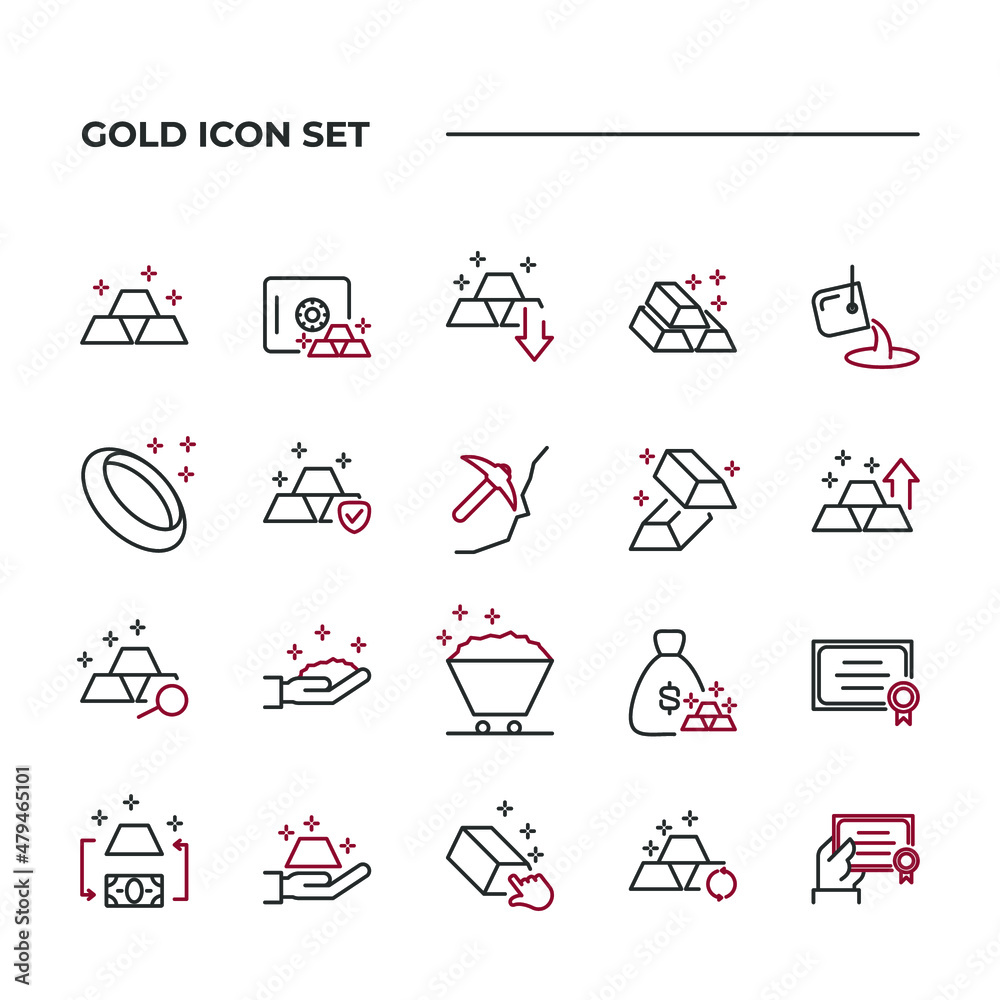 simple set of Gold vector icons with editable line styles covering gold ...