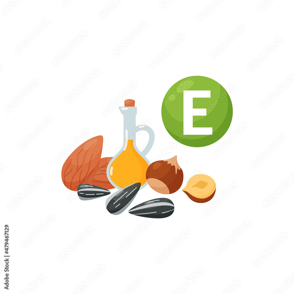 Vitamin E sources - oil, almond, sunflower seeds and hazelnut, flat ...