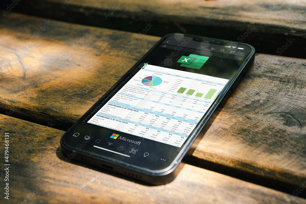 Microsoft Office Excel app on the smartphone screen on the rustic ...