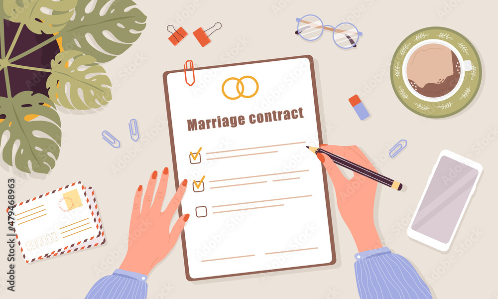 Marriage contract. Woman signs prenuptial agreement document. Prenup ...